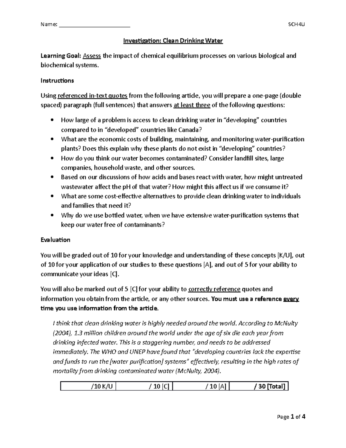 14-4 Investigation - Clean Drinking Water of learning - Investigation ...