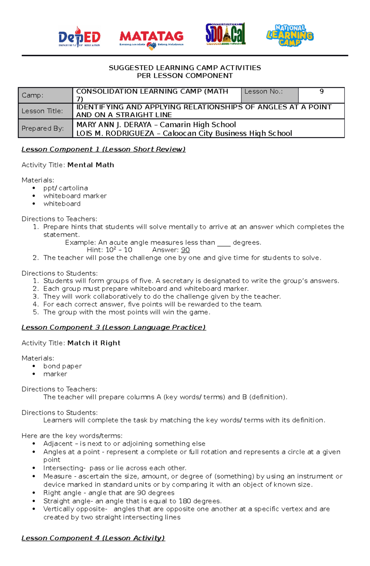 Math 7 NLC Consolidation Lesson 9 - SUGGESTED LEARNING CAMP ACTIVITIES ...