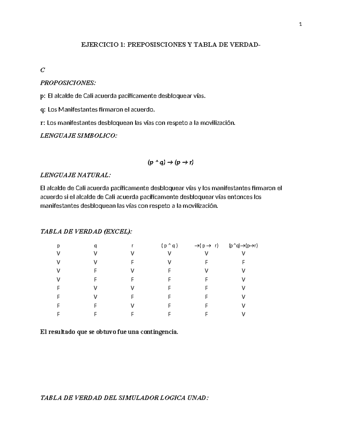 Proposiciones Y Tablas DE Verdad - 1 EJERCICIO 1: PREPOSISCIONES Y ...