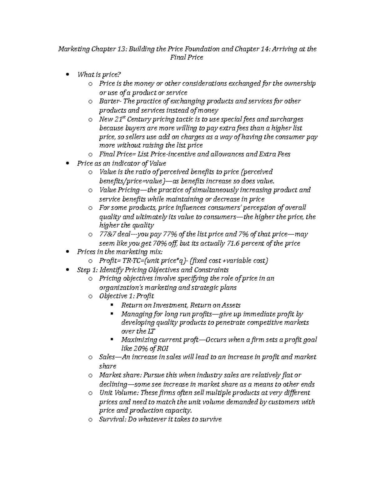 Marketing Chapter 13 and 14 - Marketing Chapter 13: Building the Price ...