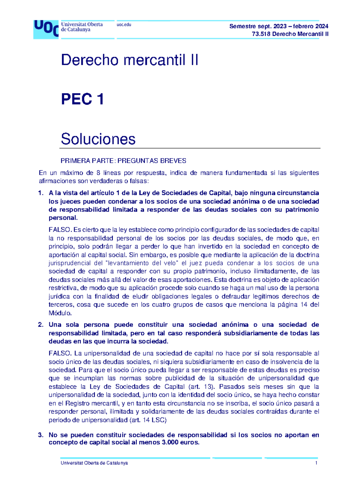 Solpec 1 - Solución PEC1 Derecho Mercantil II - Universitat Oberta de Catalunya 1 Semestre sept ...