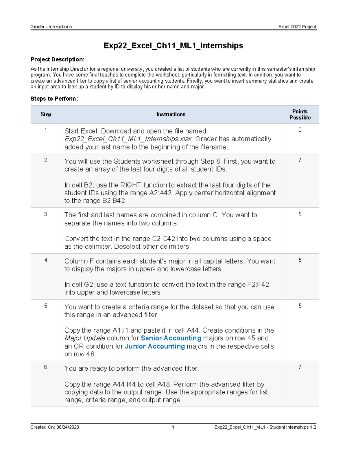 Exp22 Excel Ch11 ML1 Internships Instructions - Grader - Instructions Excel 2022 Project - Studocu