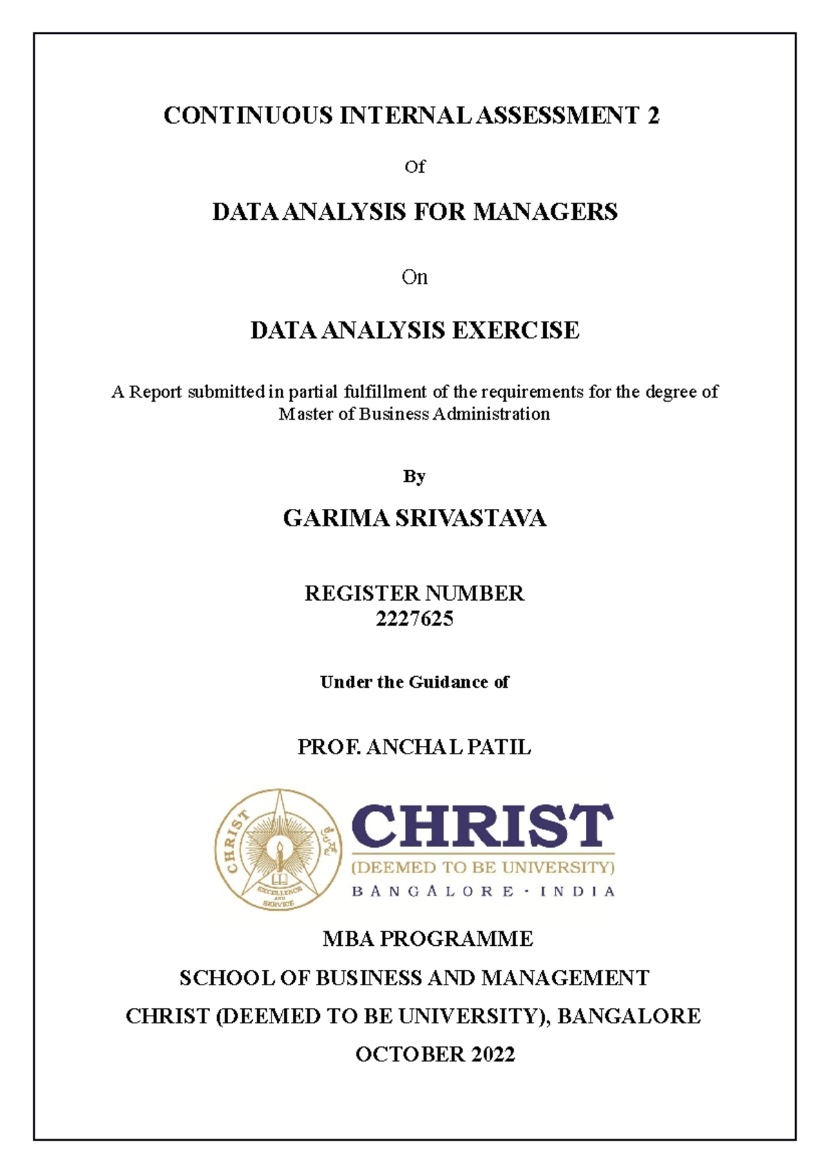 DAFM 2 - CONTINUOUS INTERNAL ASSESSMENT 2 Of DATA ANALYSIS FOR MANAGERS ...