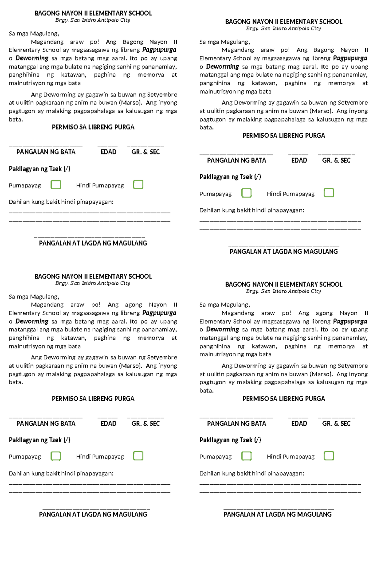 Deworming-Consent-BN2ES - BAGONG NAYON II ELEMENTARY SCHOOL Brgy. San ...