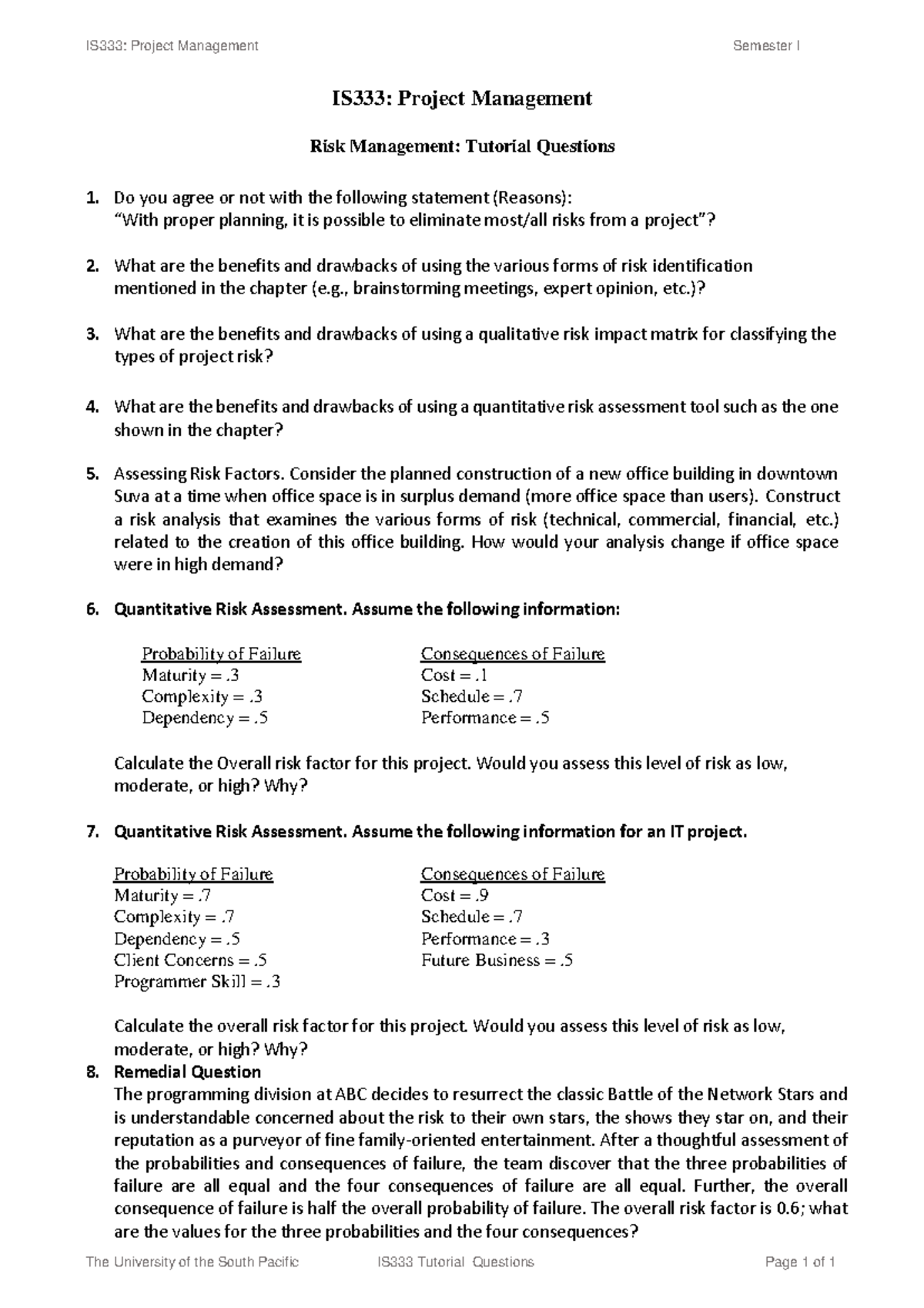 Tutorial Risk Managment - IS333: Project Management Semester I The ...