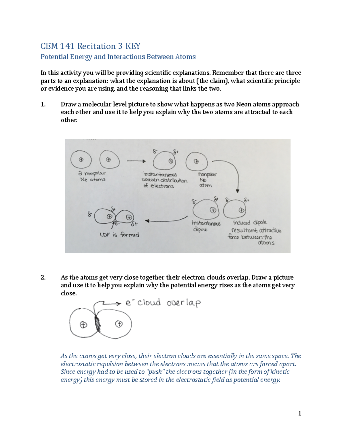 Chem exam 1 - Chem 1 Exam - CEM 141 Recitation 3 KEY Potential Energy ...