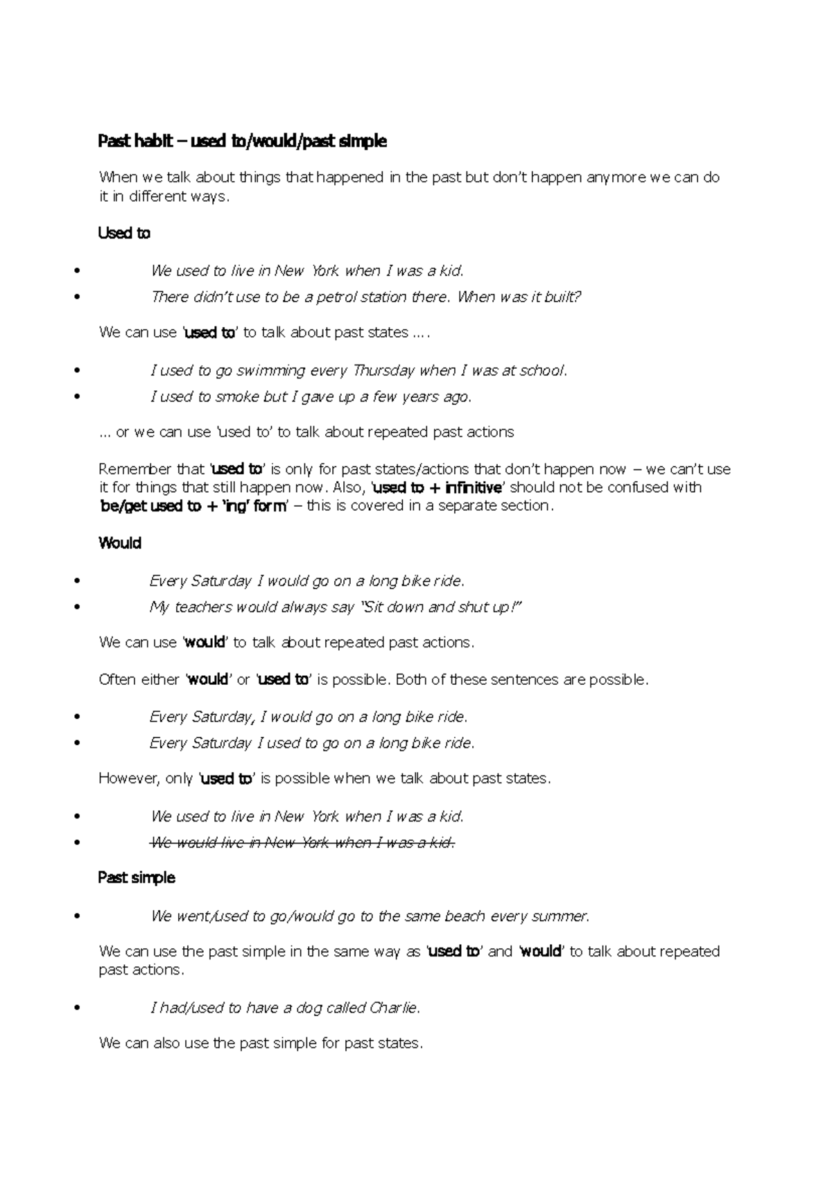 Unit 3 grammar used to vs would extra copy - Past habit – used to/would ...