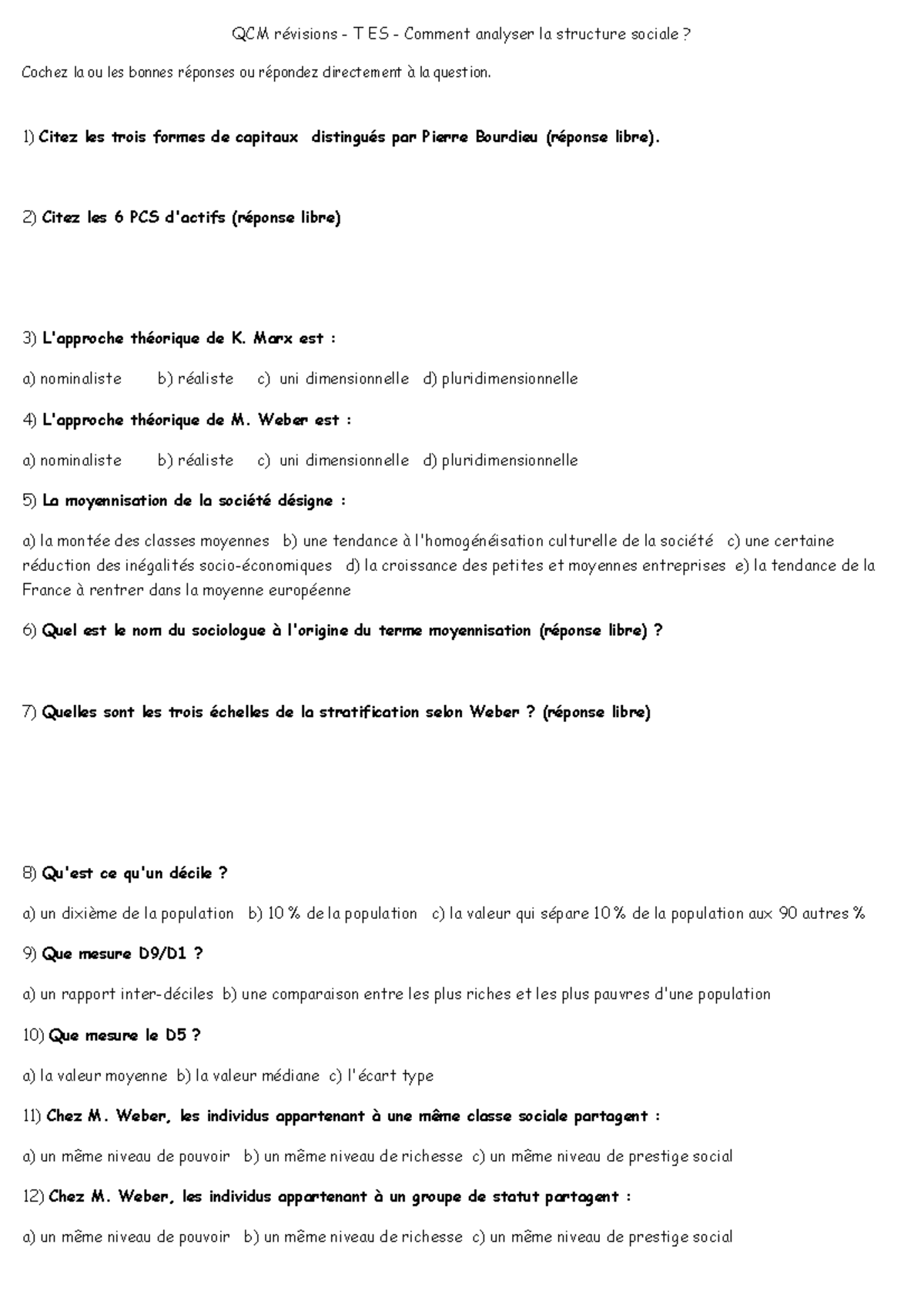Qcm revisions structure sociale - QCM révisions - T ES - Comment ...