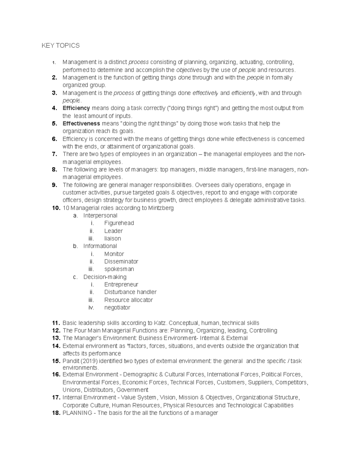 LAS 21 LONG TEST KEY Topics - KEY TOPICS 1. Management is a distinct ...