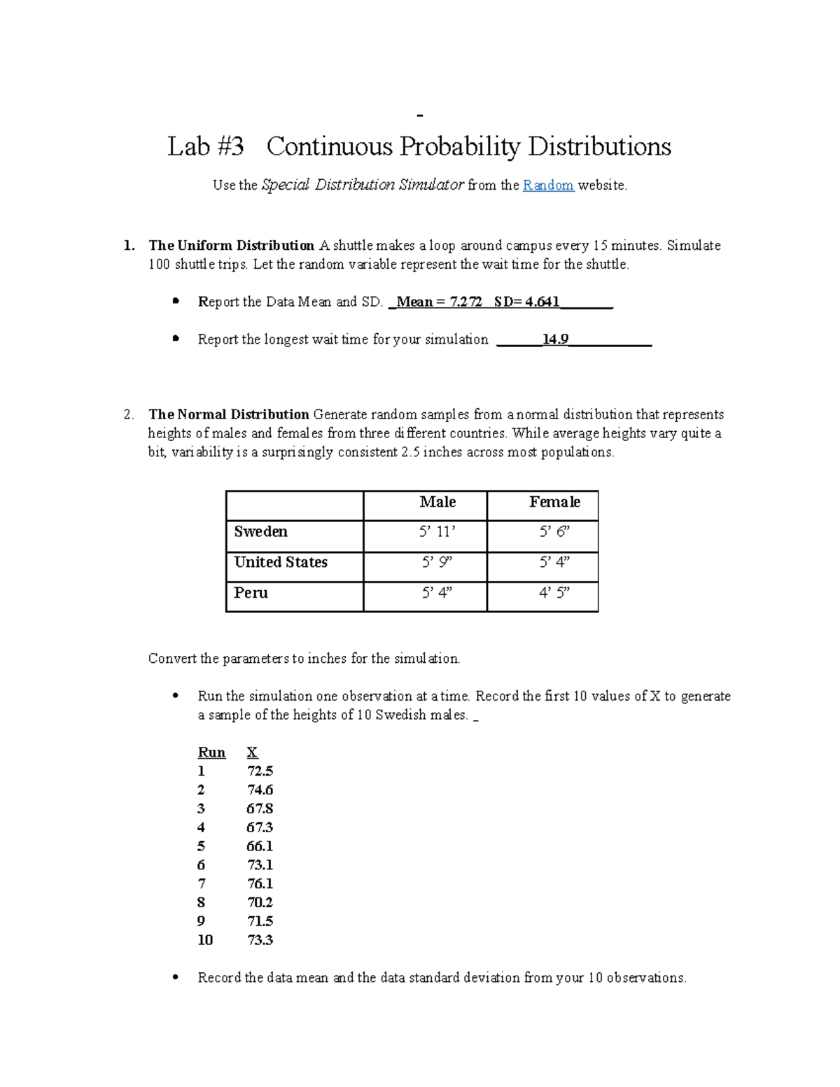 Lab 3 Continuous Distributions - Lab #3 Continuous Probability ...