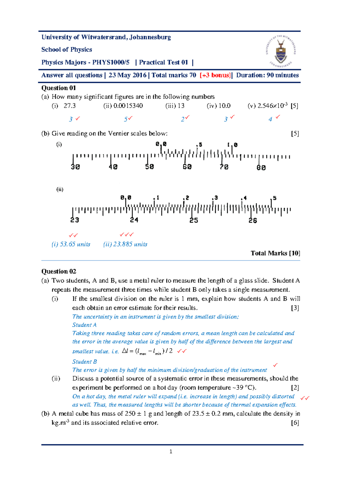 Physics PRAC TEST wit MEMO - University of Witwatersrand, Johannesburg ...