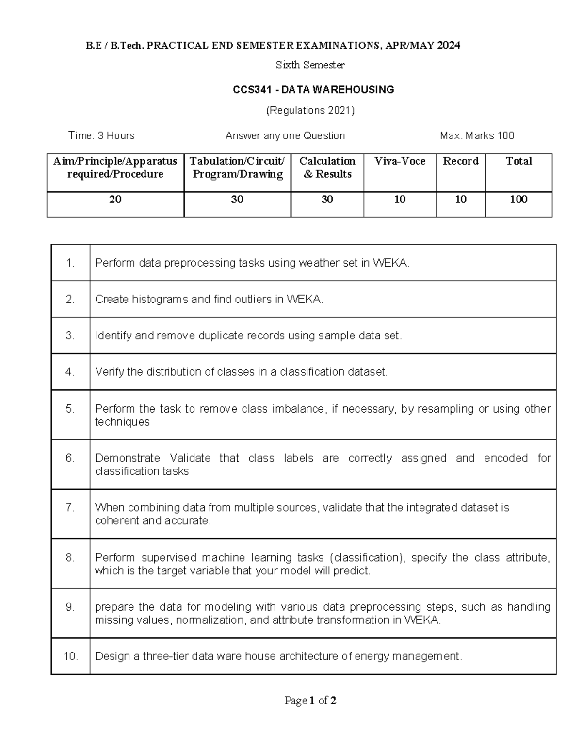 CCS341 SET2 - Page 1 of 2 (Regulations 2021) Time: 3 Hours Answer any one Question Max. Marks ...