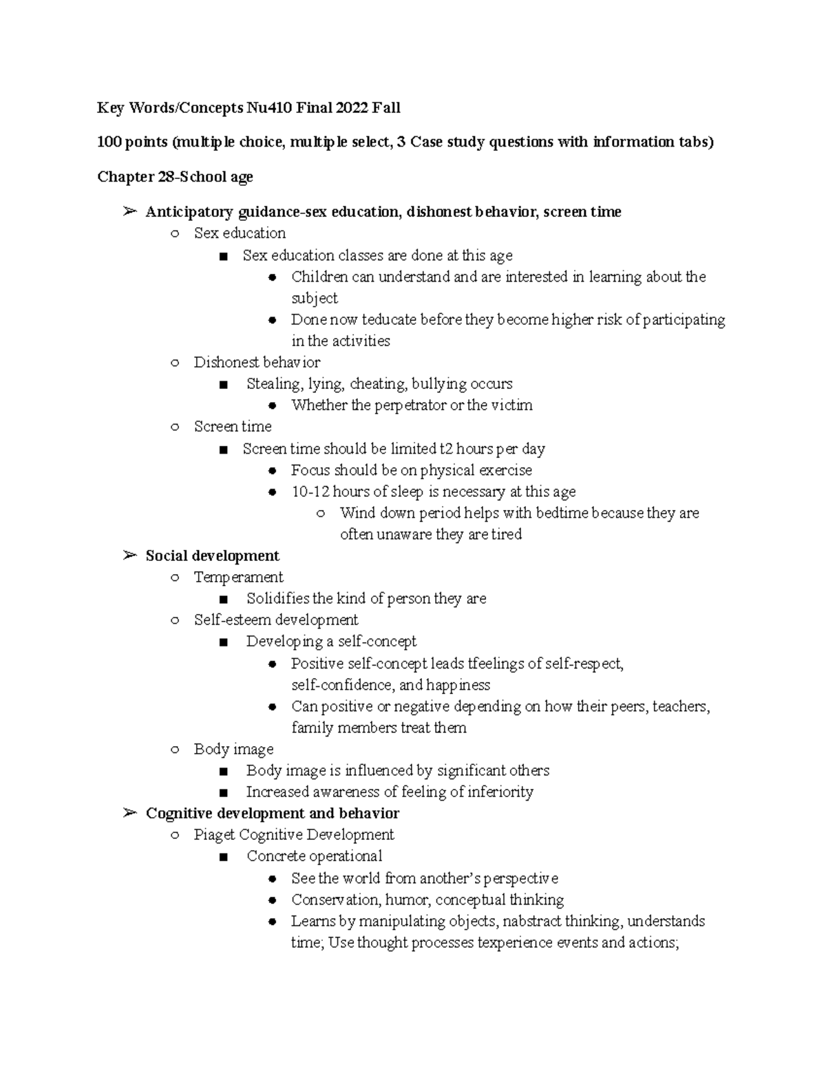 Peds Final Keywords List Key Words Concepts Nu410 Final 2022 Fall 100