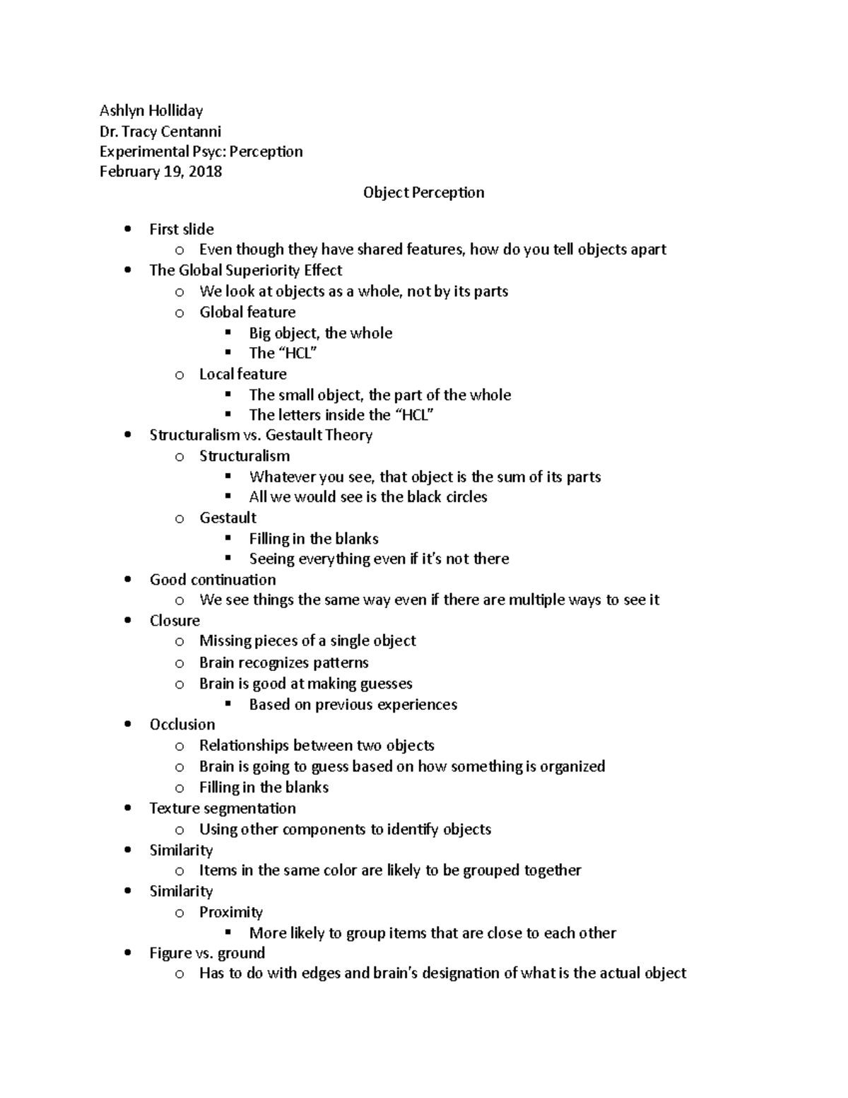 Object Perception - Dr. Tracy Centanni - Ashlyn Holliday Dr. Tracy Centanni Experimental Psyc ...