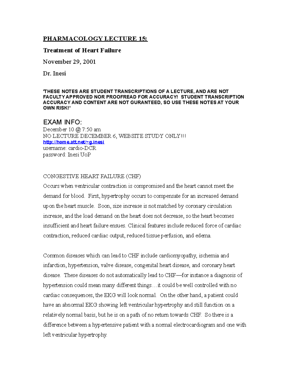 2001 Q1 Notes 15 Heart Failure - PHARMACOLOGY LECTURE 15: Treatment of ...