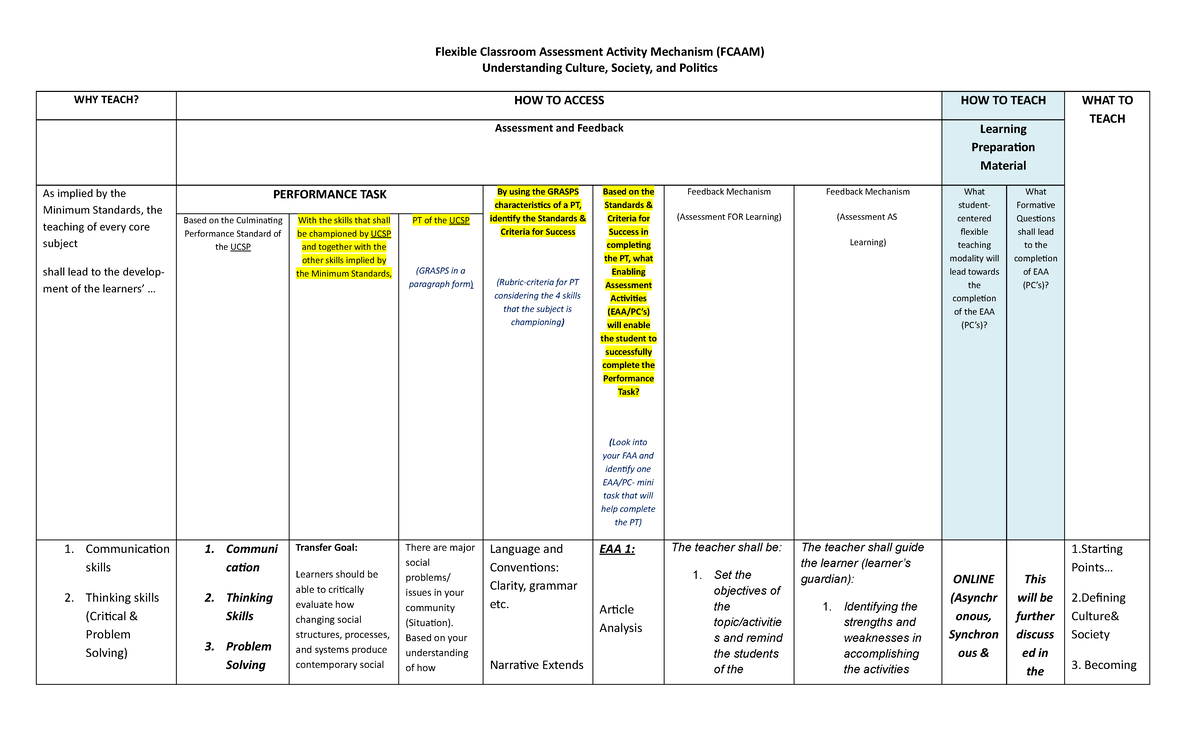 (FCAAM) Flexible Class Assessment Activity Map - Flexible Classroom ...
