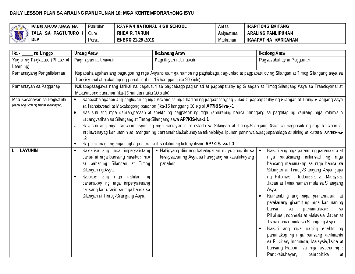 Kolonyalismo AT Imperyalismo SA TSA AT SA - DAILY LESSON PLAN SA ...
