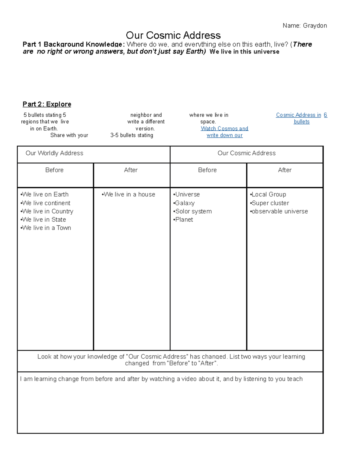 Our Cosmic Address Student Handout - Name: Graydon Our Cosmic Address ...