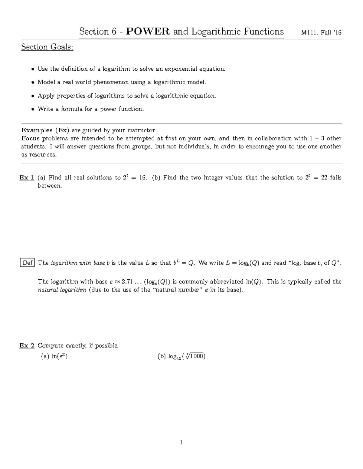 Section 6 - POWER and Logarithmic Functions - Model a real world ...