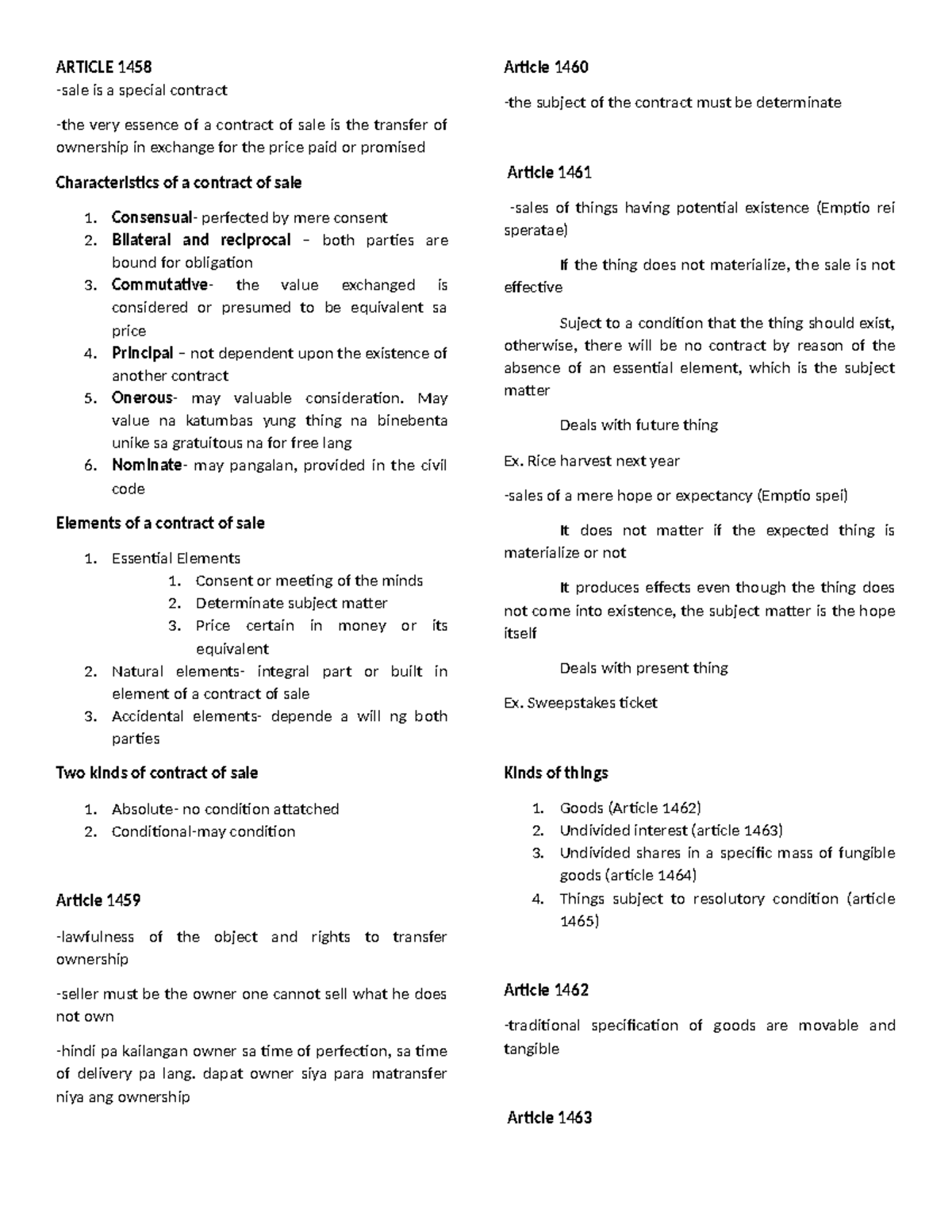 Law-on-sales - Notes - ARTICLE 1458 -sale is a special contract -the ...