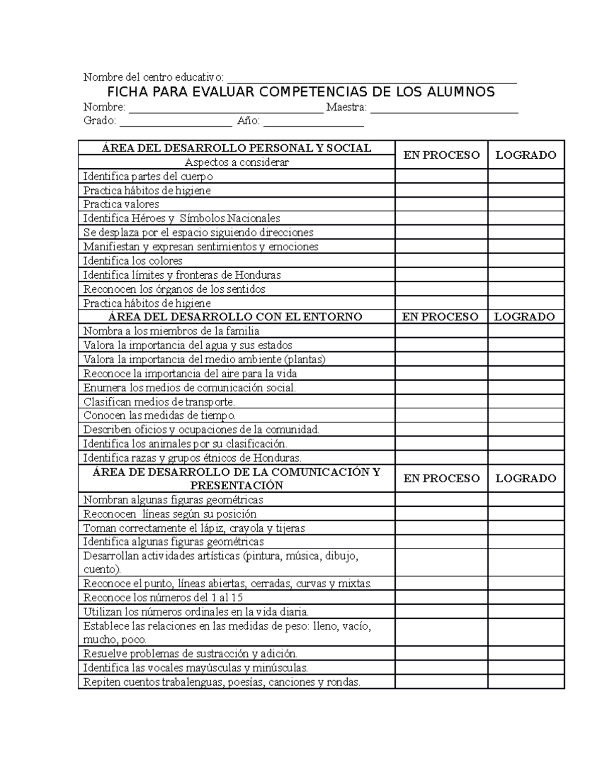 Ficha De Evaluacion Nombre Del Centro Educativo 4432