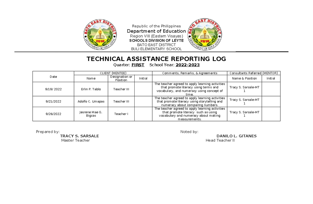 TA reporting log - Republic of the Philippines Department of Education ...