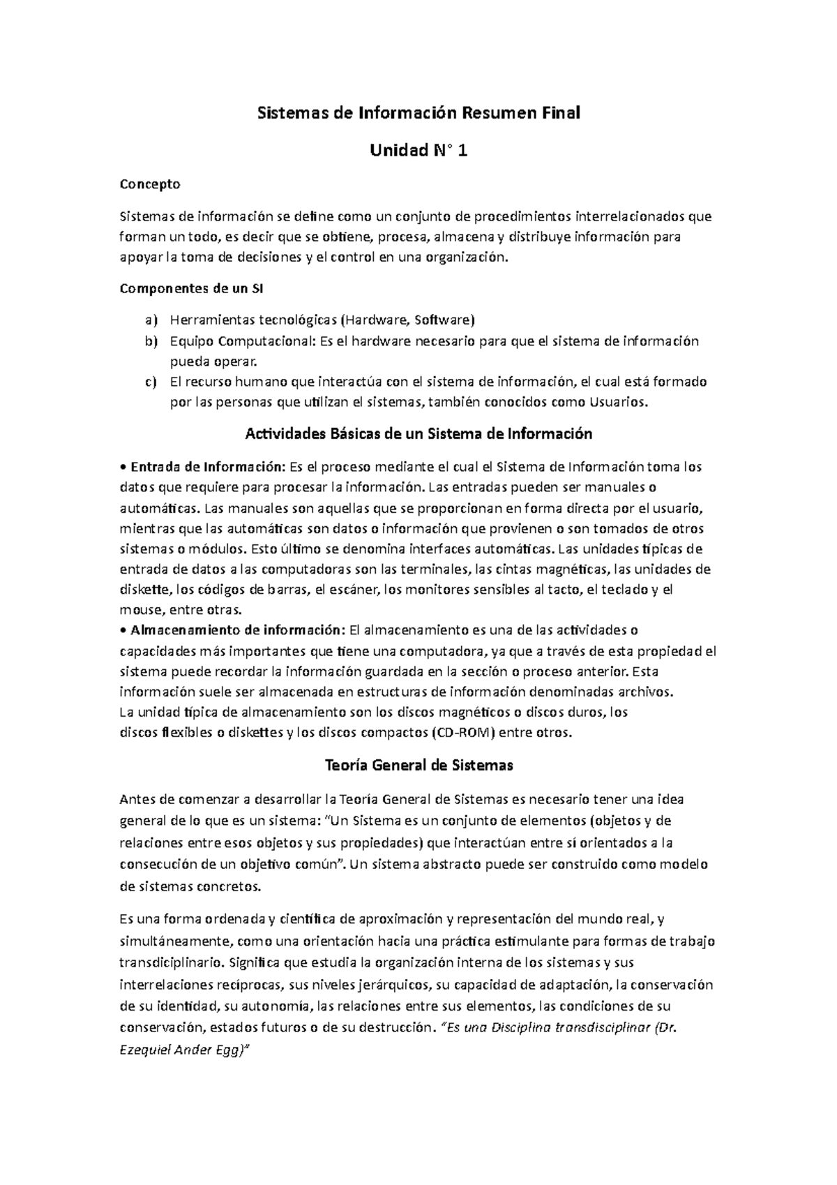 Sistemas de Información Resumen Final - Sistemas de Resumen Final Unidad 1 Concepto Sistemas de ...