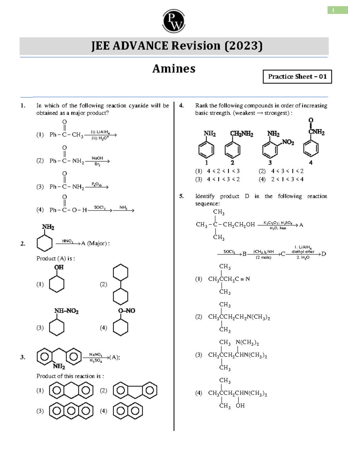 Amines Practice Sheet 01 JEE Advance 2023 - JEE ADVANCE Revision (2023 ...