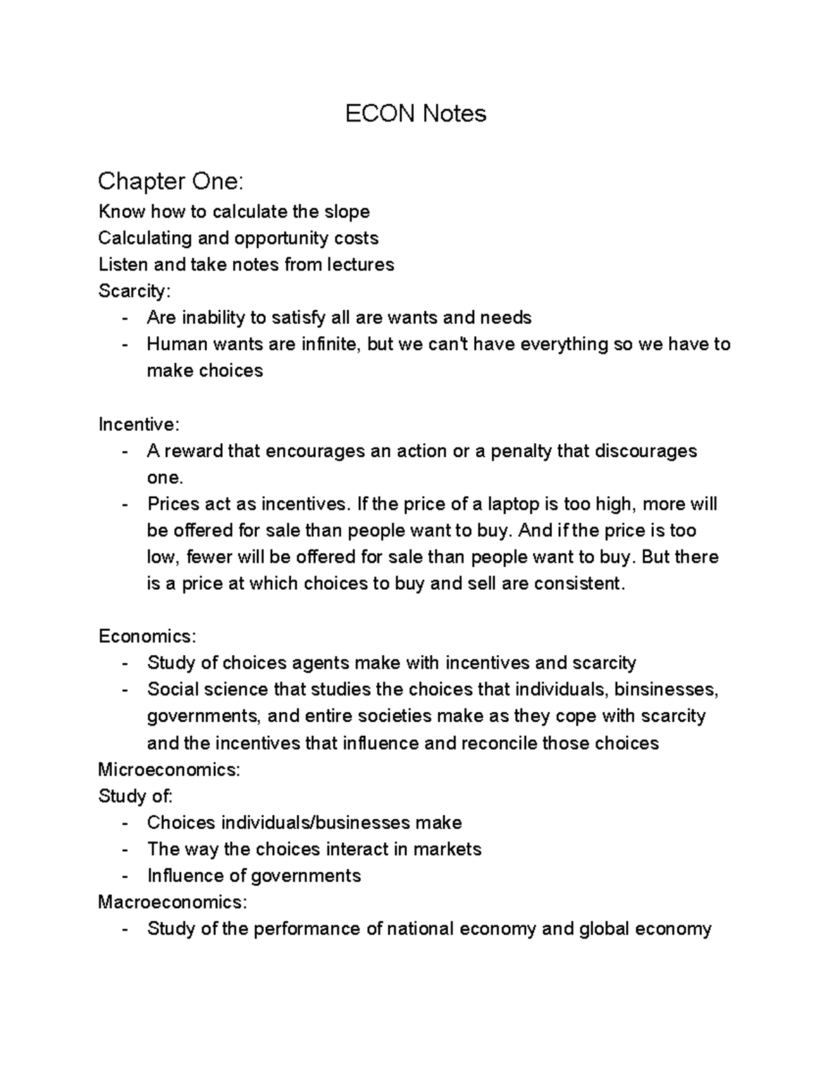 ECON Notes - CHAPTERS 1-4 - ECON Notes Chapter One: Know how to ...