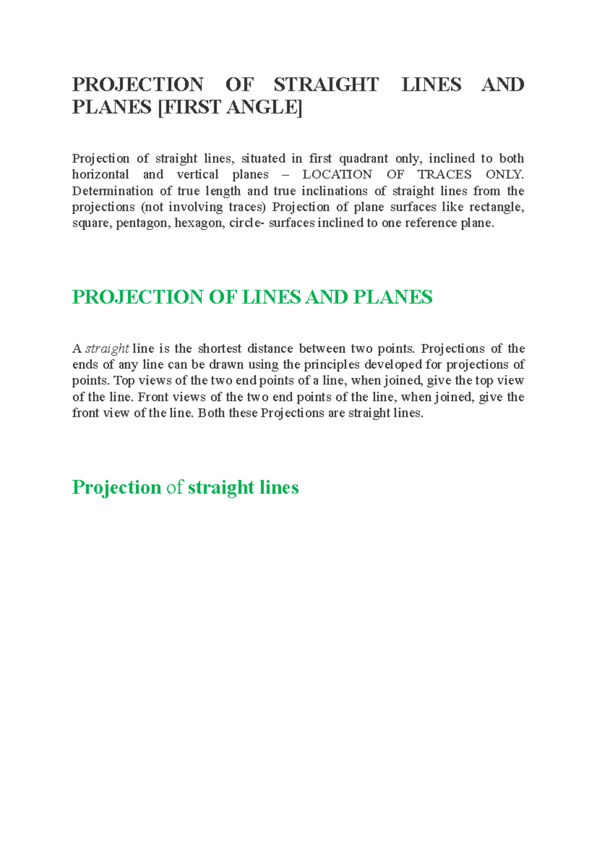 Projection OF Straight Lines AND Planes - PROJECTION OF STRAIGHT LINES ...