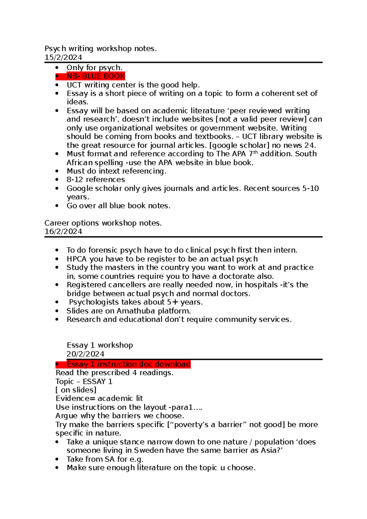 Psyc- all workshop notes - Psych writing workshop notes. 15/2/ Only for ...