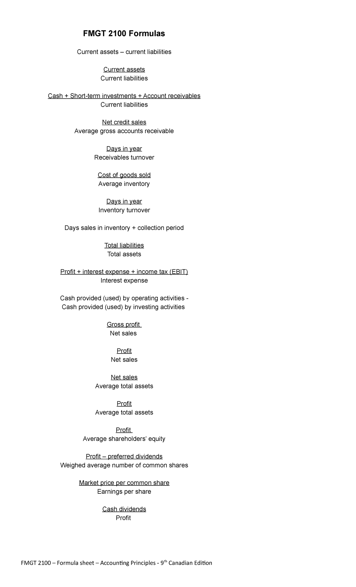 FMGT 2100 Formulas - Legal size - FMGT 2100 Formulas Current assets ...