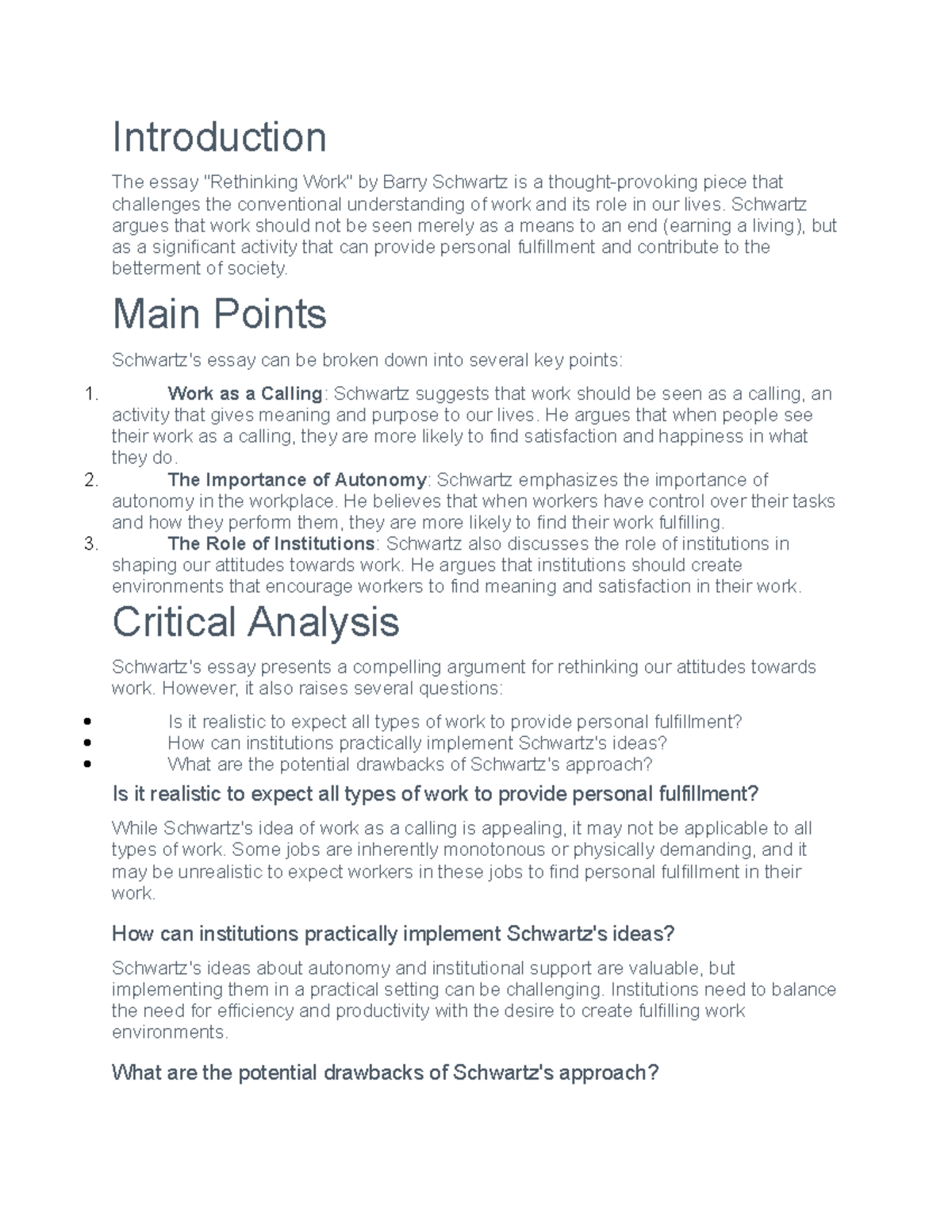 Eng 122 Project 1 - Introduction The essay "Rethinking Work" by Barry ...