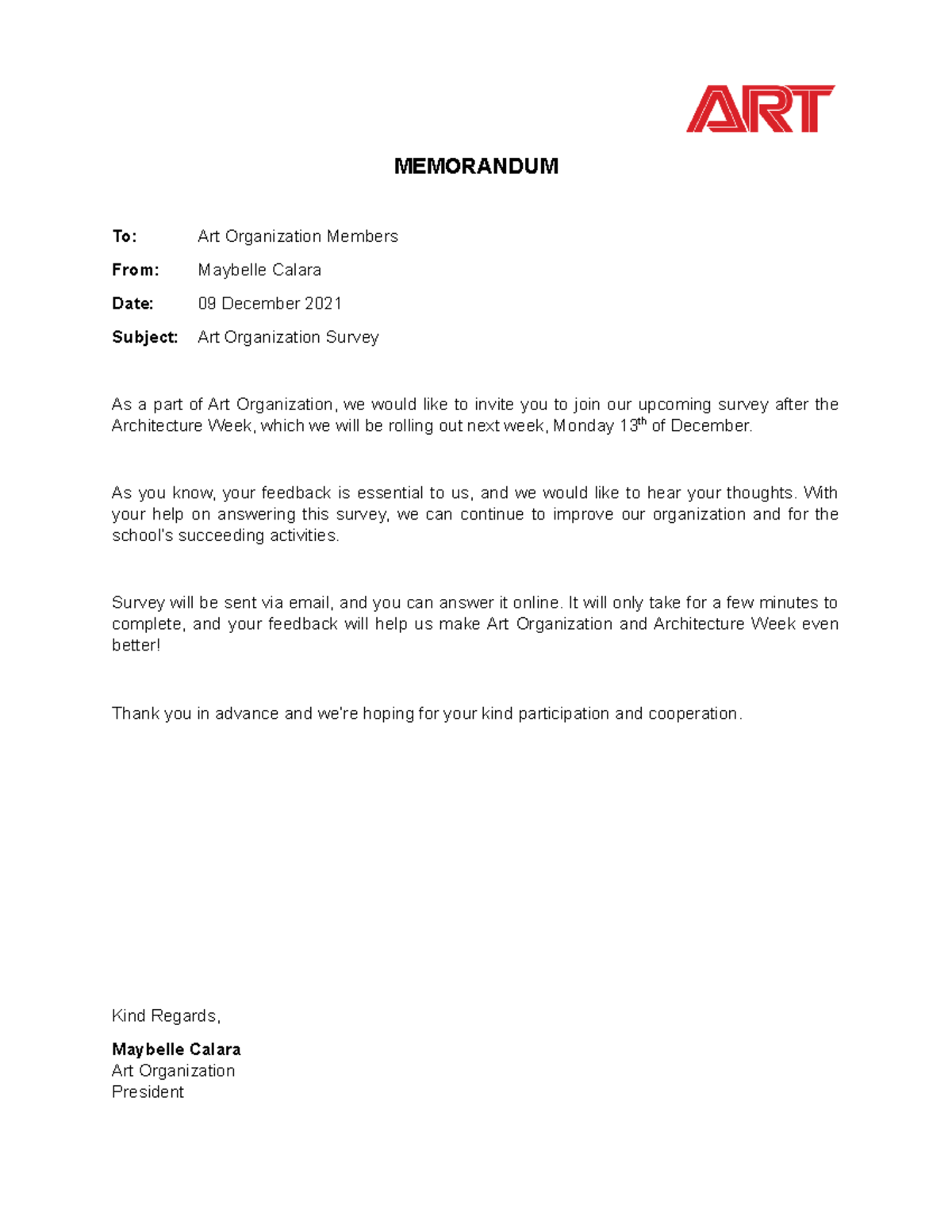 Survey Memo - MEMORANDUM To: Art Organization Members From: Maybelle ...