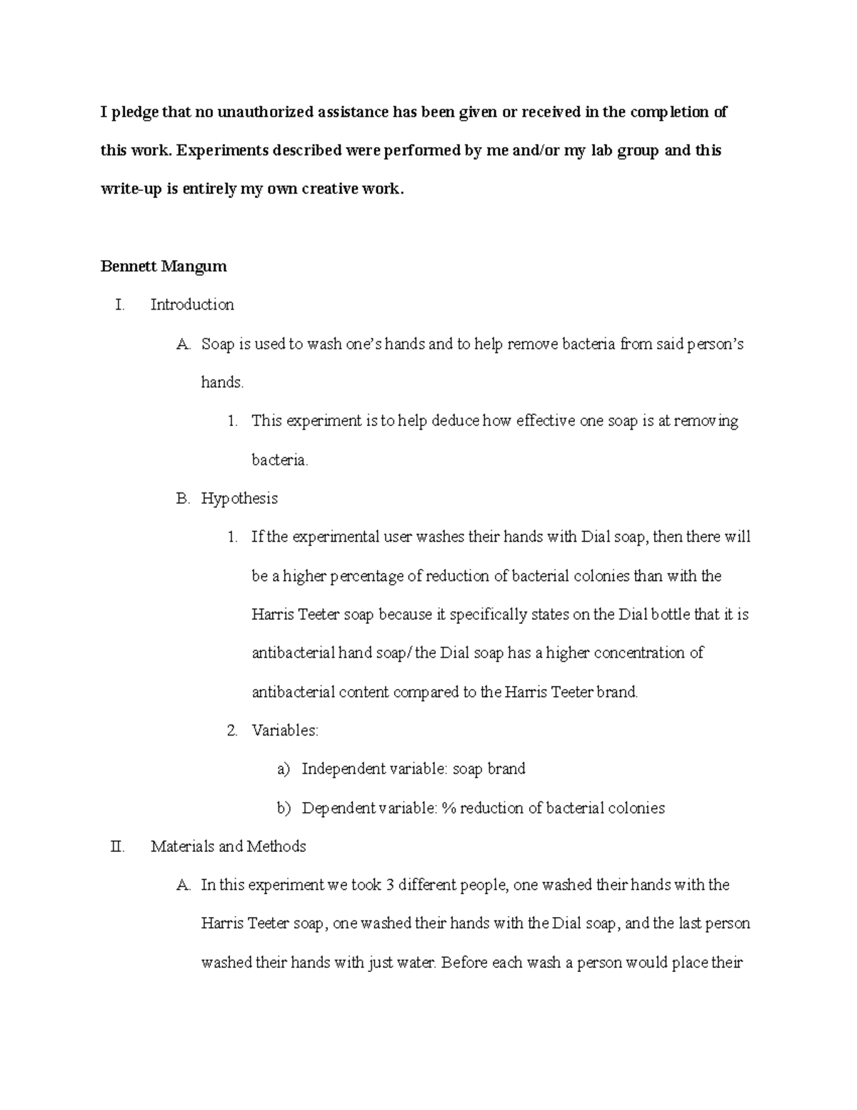 Lab Outline Hand-Washing Expierement - I pledge that no unauthorized ...