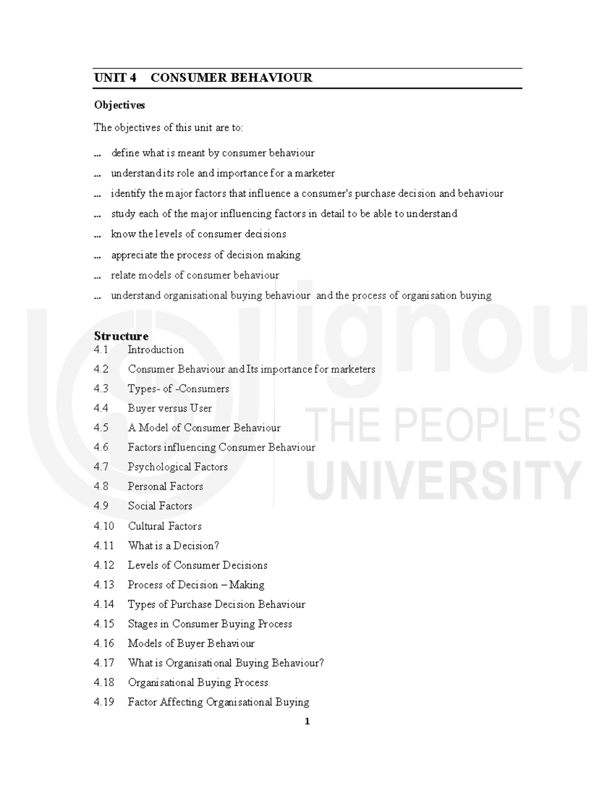 Unit-4 and Unit-5 - UNIT 4 CONSUMER BEHAVIOUR Objectives The objectives ...