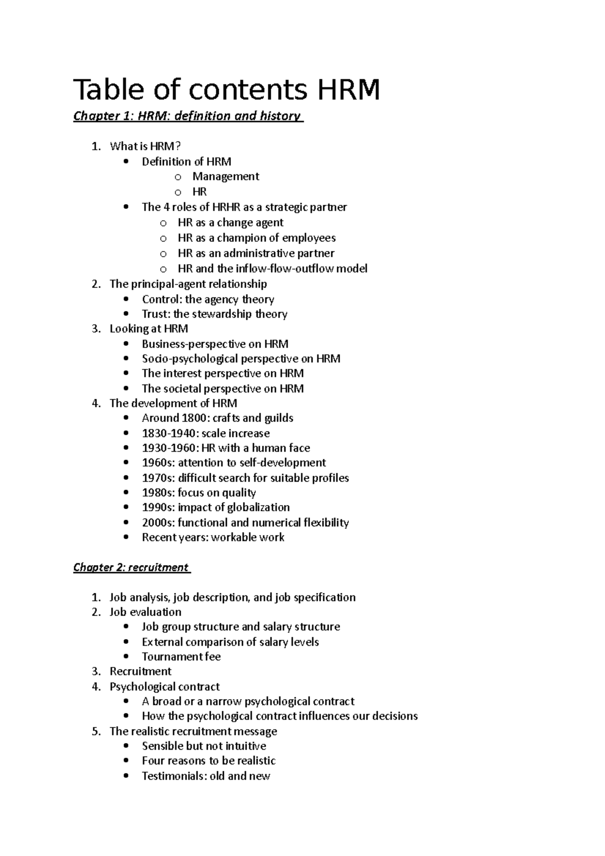 Table of contents HRM - samenvatting - Handboek HRM - Table of contents ...