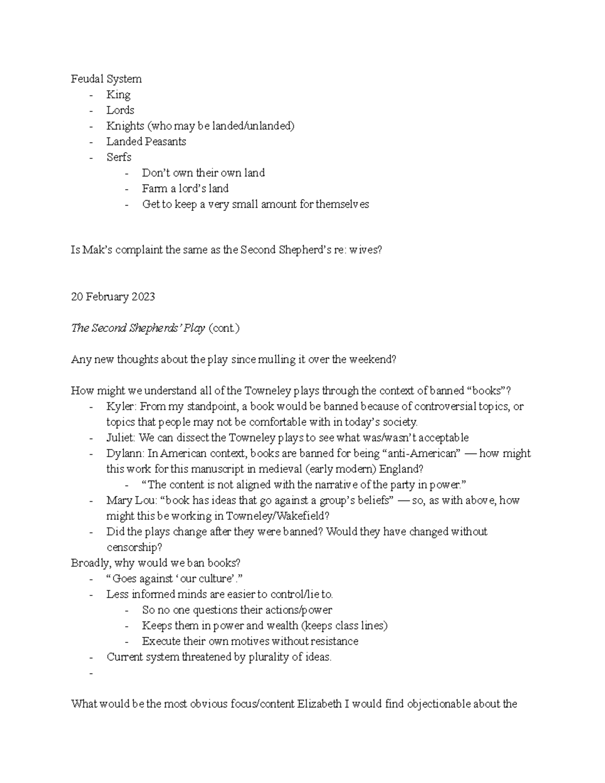 Feudal System - class discussion on sherphards play - Feudal System ...