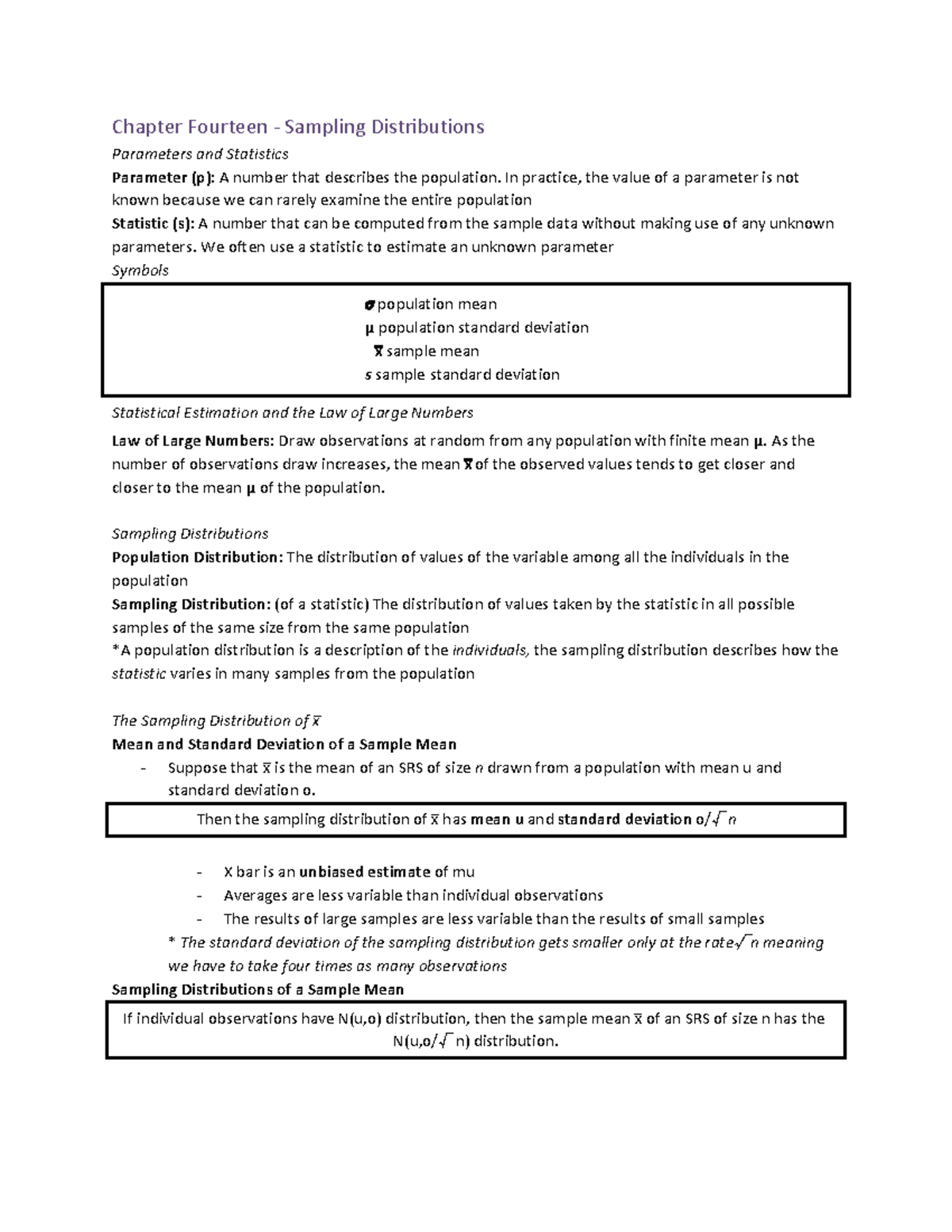 Stats1024_Summary - Chapter Fourteen - Sampling Distributions ...