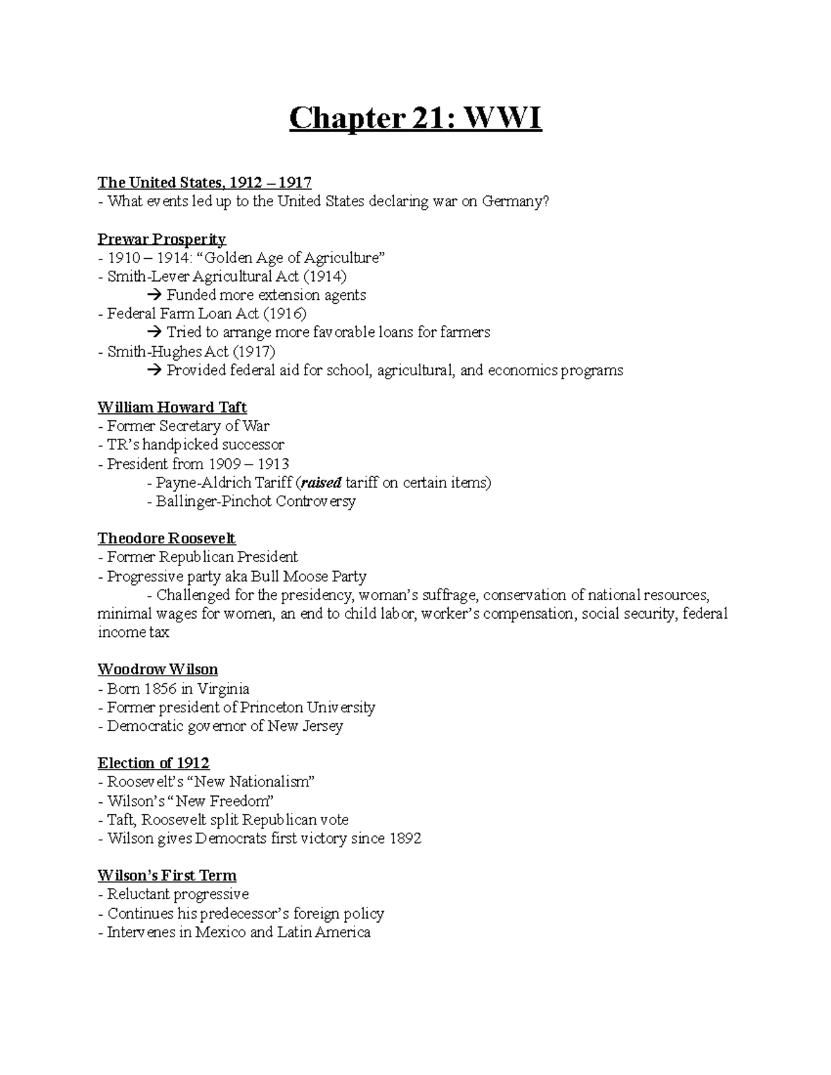 American History Unit 2 Notes - Chapter 21: WWI The United States, 1912 ...