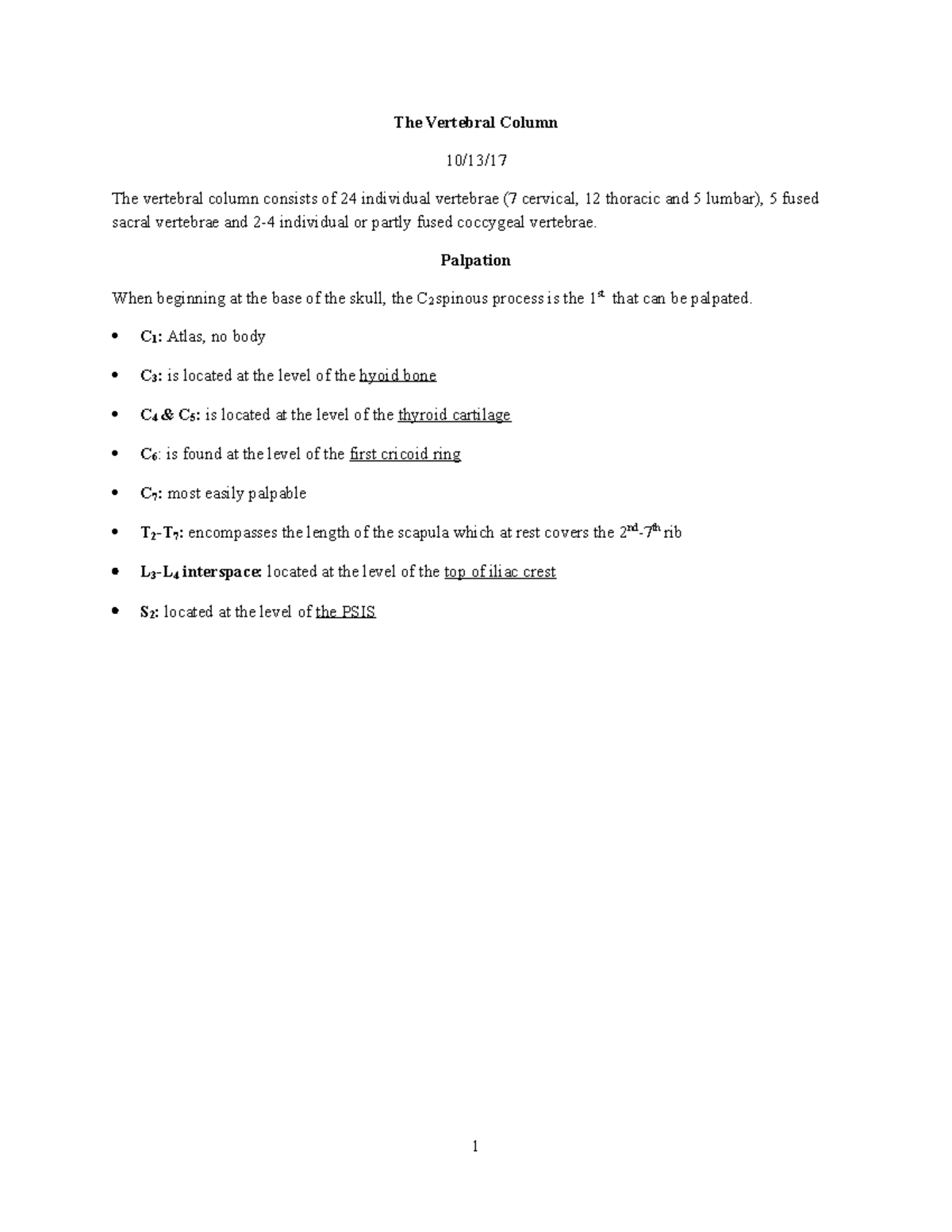 The Vertebral Column - Lecture notes 10-12 - The Vertebral Column 10/13 ...