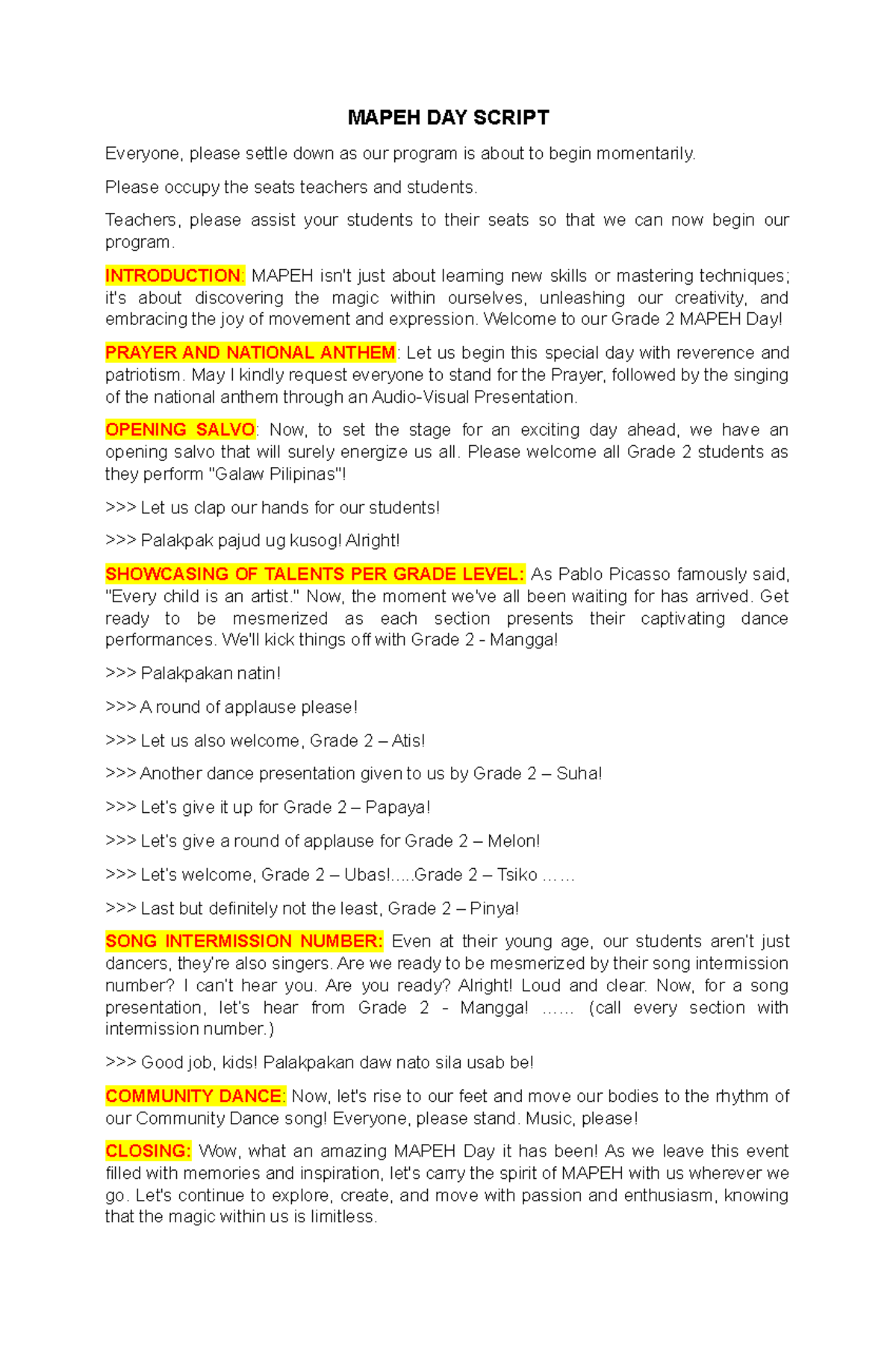 Mapeh DAY Script - MAPEH DAY SCRIPT Everyone, please settle down as our ...