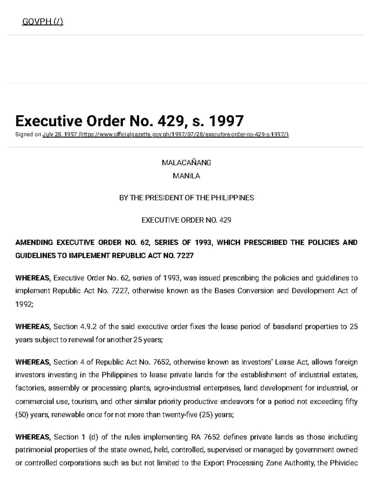 Executive Order No. 429, s. 1997 Official Gazette of the Republic of ...