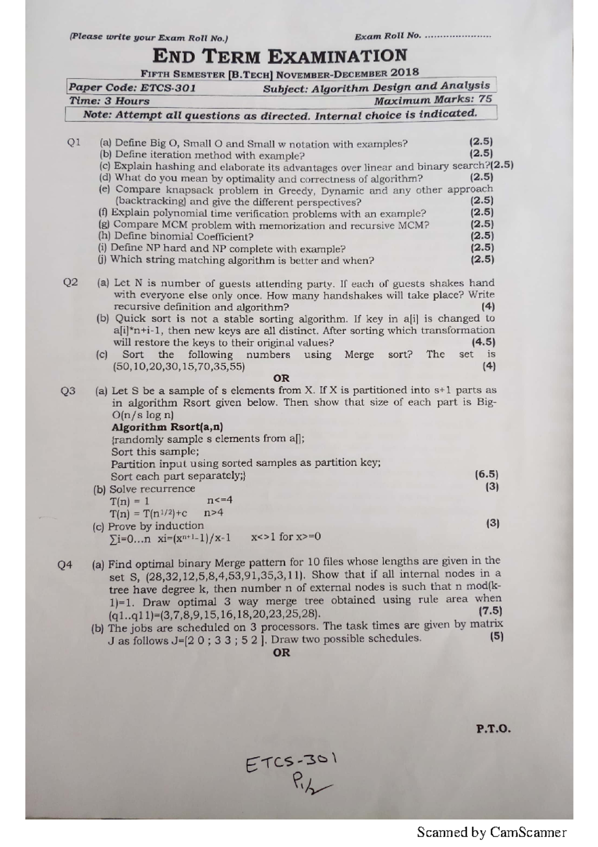 ADA End Term Papers - (Please write your Exam Roll No.) Exam Roll No. END TERM EXAMINATION FIFTH ...