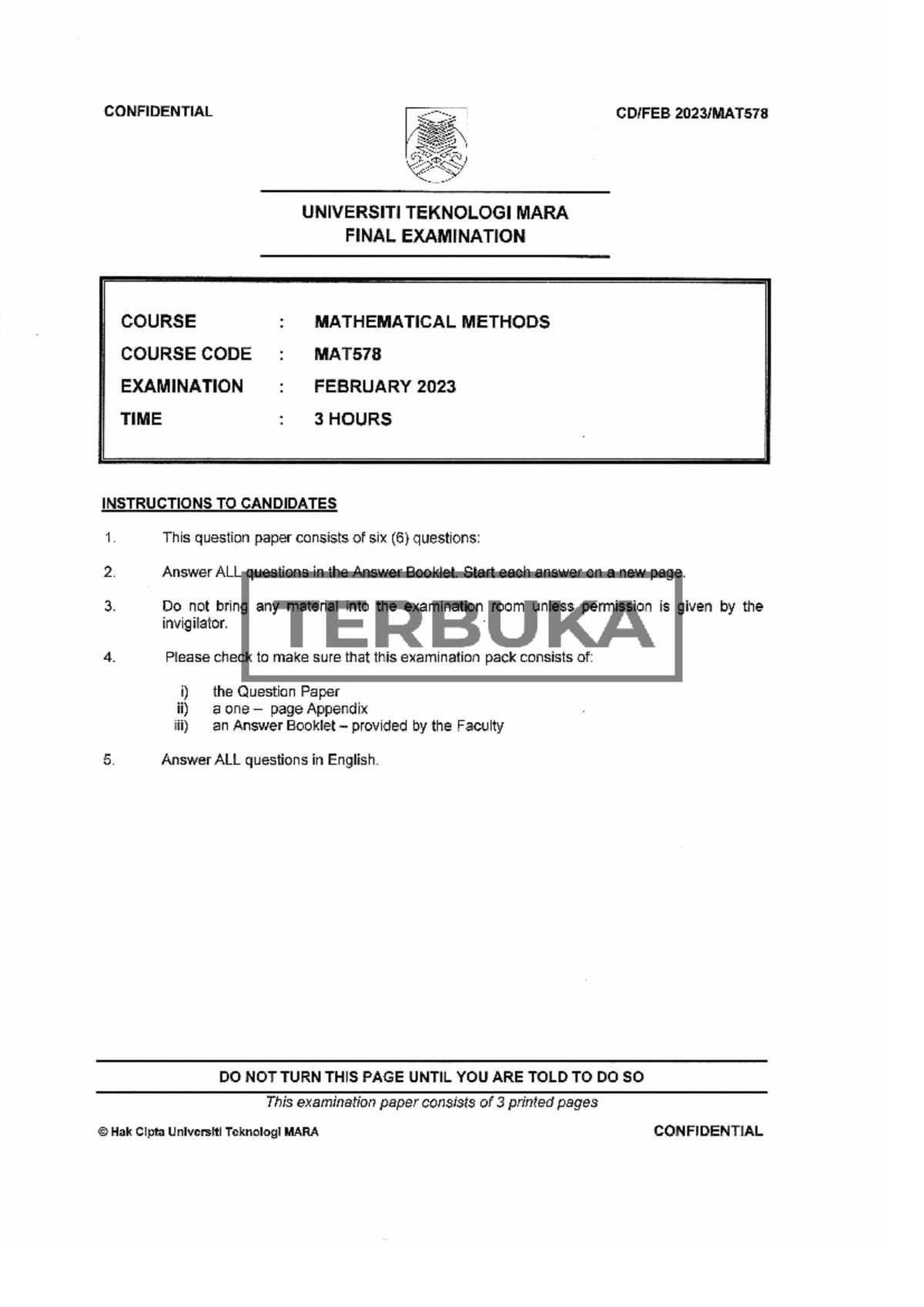 MAT578 FEB2023 - past year - CONFIDENTIAL UNIVERSITI TEKNOLOGI MARA FINAL EXAMINATION COURSE ...
