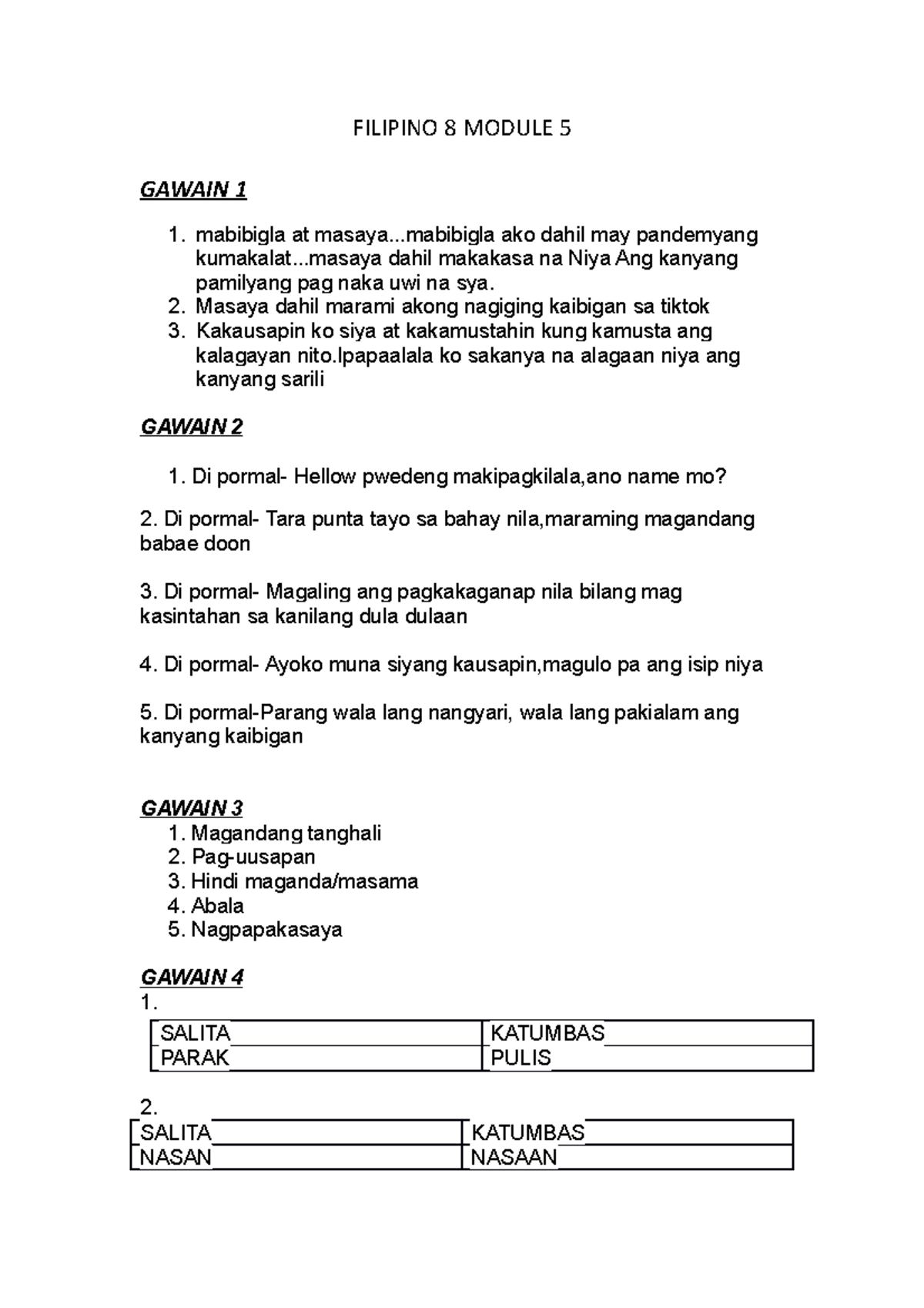 Filipino 8 Module 5 - reviewer - FILIPINO 8 MODULE 5 GAWAIN 1 mabibigla ...