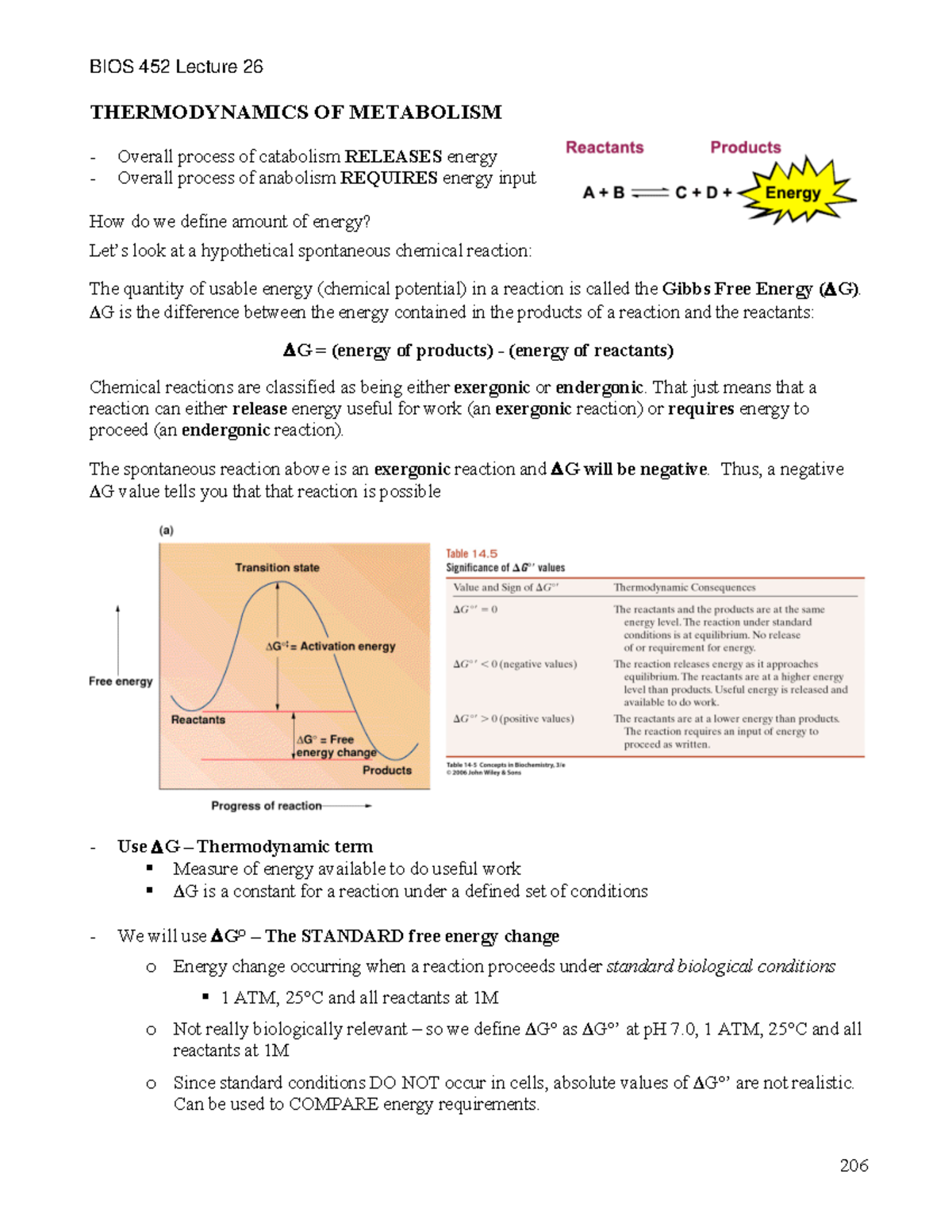 Bio Chem Lecture 26 Notes - THERMODYNAMICS OF METABOLISM Overall ...