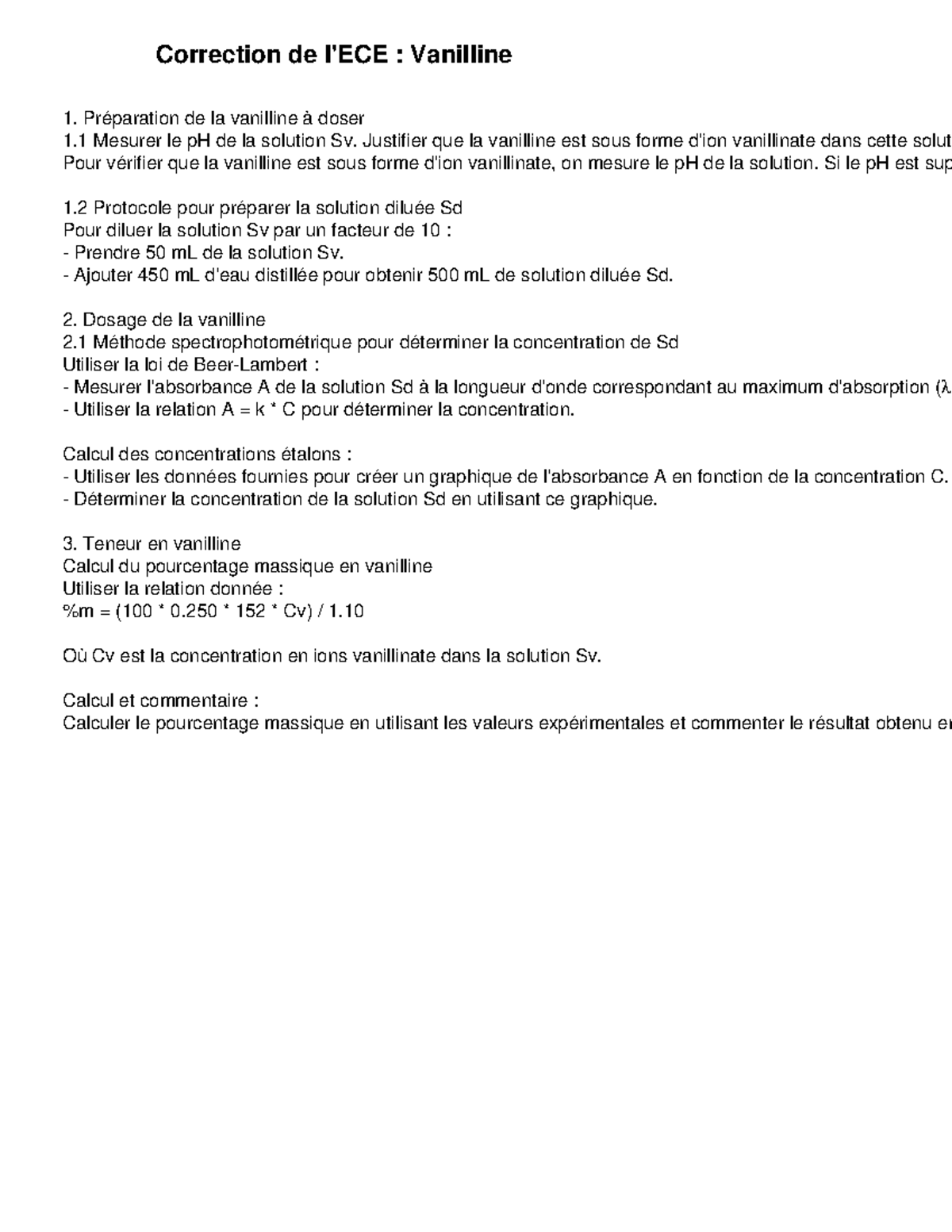 Correction ECE Vanilline - Correction de l'ECE : Vanilline Préparation de la vanilline à doser 1 ...
