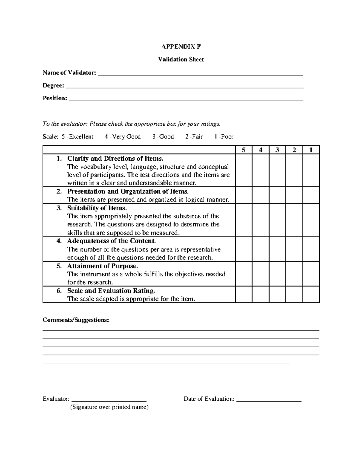 Validation Sheet - APPENDIX F Validation Sheet Name of Validator: - Studocu