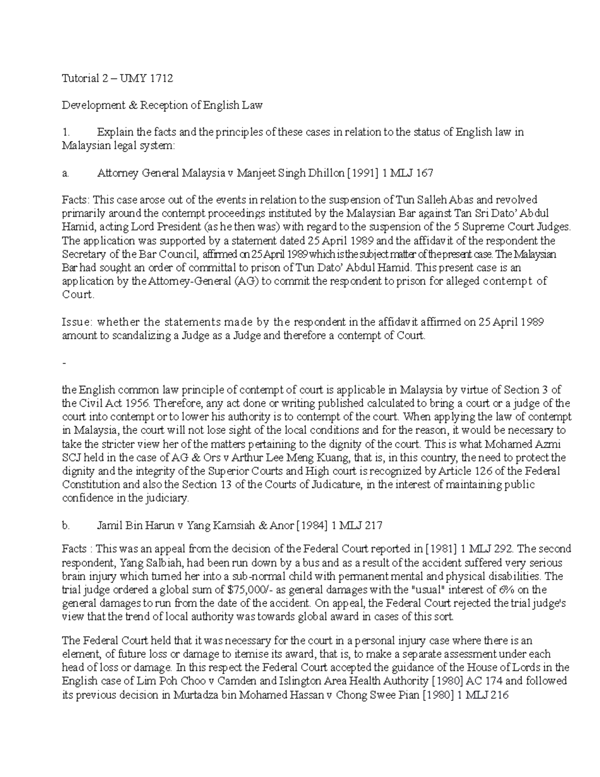 Development and Reception of English Law - Tutorial 2 – UMY 1712 ...